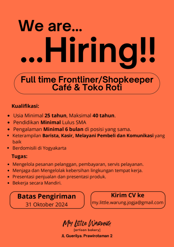 Lowongan Kerja Full Time Frontliner/Shopkeeper Café & Toko Roti di My ...