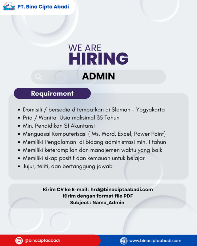 Lowongan Kerja Admin di PT. Bina Cipta Abadi - LokerJogja.ID