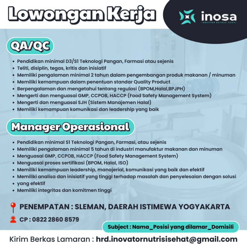 Lowongan Kerja QA/QC - Manager Operasional di PT. Inovator Nutrisi ...