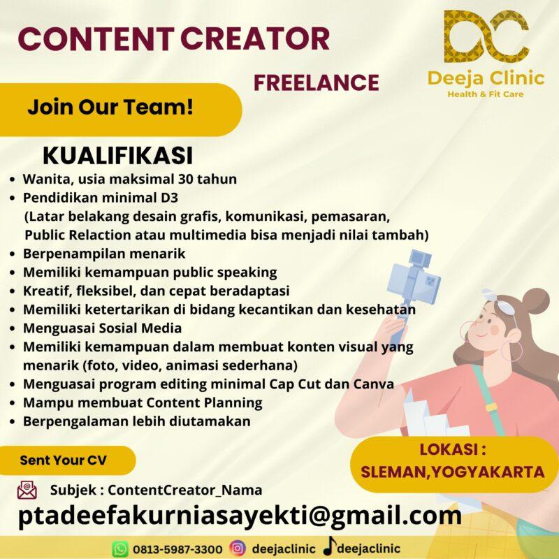 Lowongan Kerja Content Creator Freelance di PT. Adeefa Kurnia Sayekti (Deeja Clinic) - LokerJogja.ID