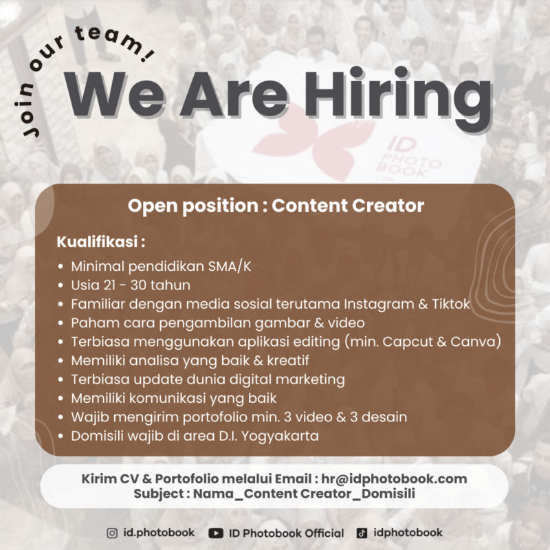 Lowongan Kerja Content Creator - Staff HRD di PT. ID Photobook Kreasi Indonesia - LokerJogja.ID