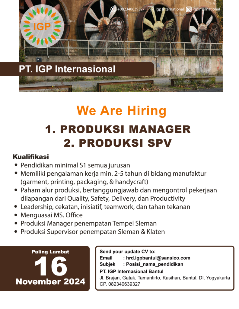 Lowongan Kerja Produksi Manager - Produksi SPV di PT. IGP Internasional - LokerJogja.ID