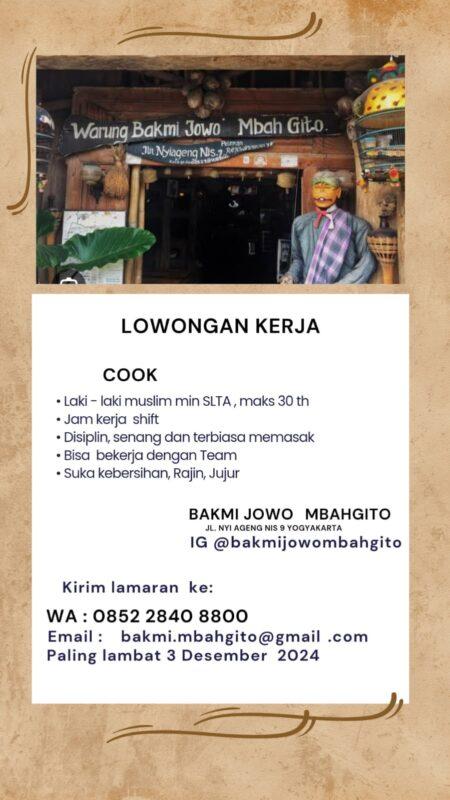 Lowongan Kerja Cook di Warung Bakmi Jowo Mbah Gito - LokerJogja.ID