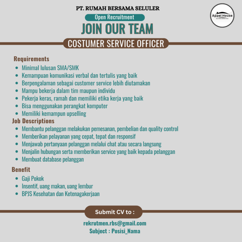 Lowongan Kerja Admin Marketplace - Customer Service Officer di Appel ...