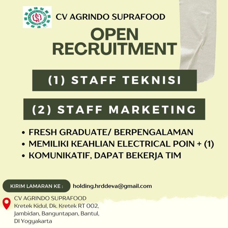 Lowongan Kerja Staff Teknisi - Staff Marketing di CV. Agrindo Suprafood ...