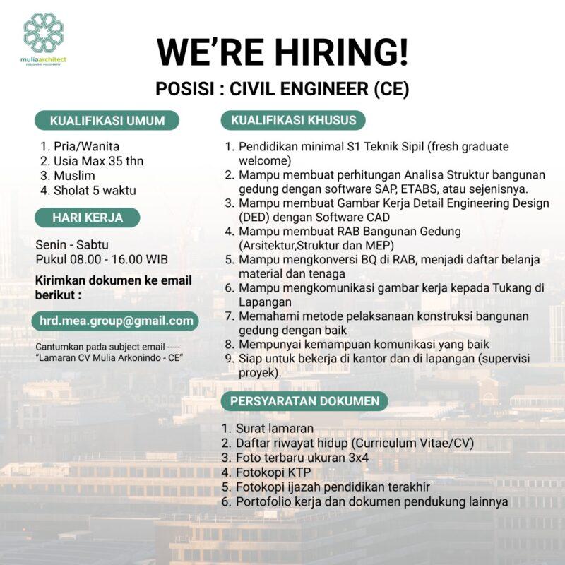 Lowongan Kerja Civil Engineer (CE) di CV. Mulia Arkonindo - LokerJogja.ID