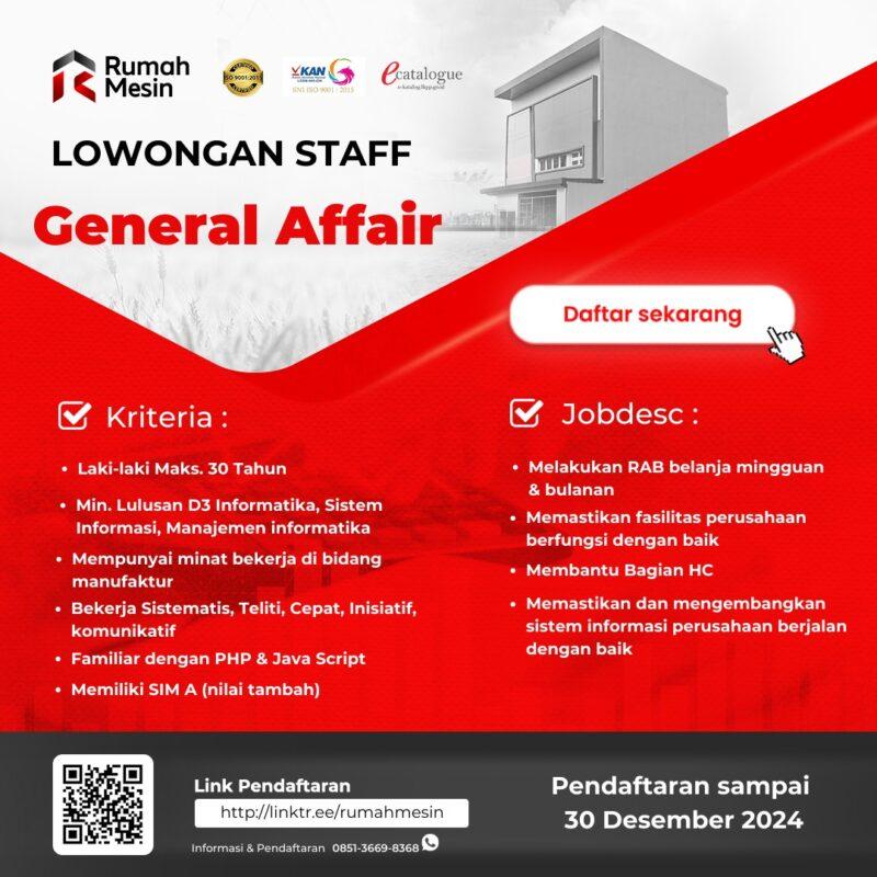 Lowongan Kerja Staff General Affair (GA) di CV. Rumah Mesin - LokerJogja.ID
