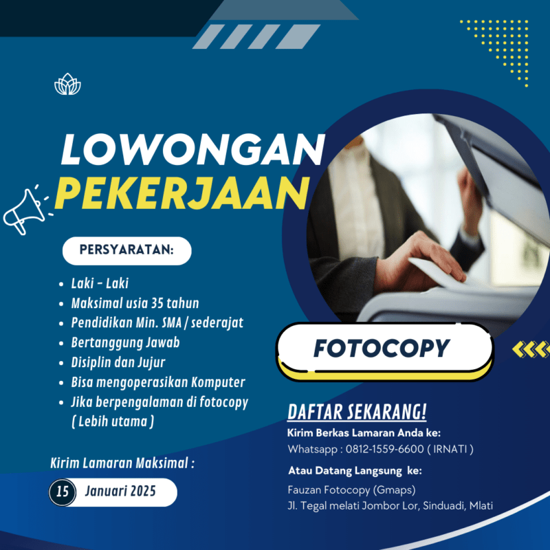 Lowongan Kerja Karyawan Foto Copy di Fauzan Foto Copy - LokerJogja.ID