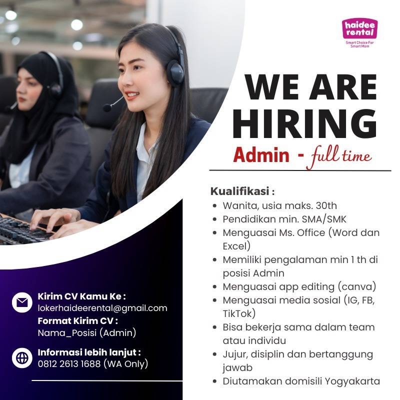 Lowongan Kerja Admin Full Time di Haidee Rental - LokerJogja.ID
