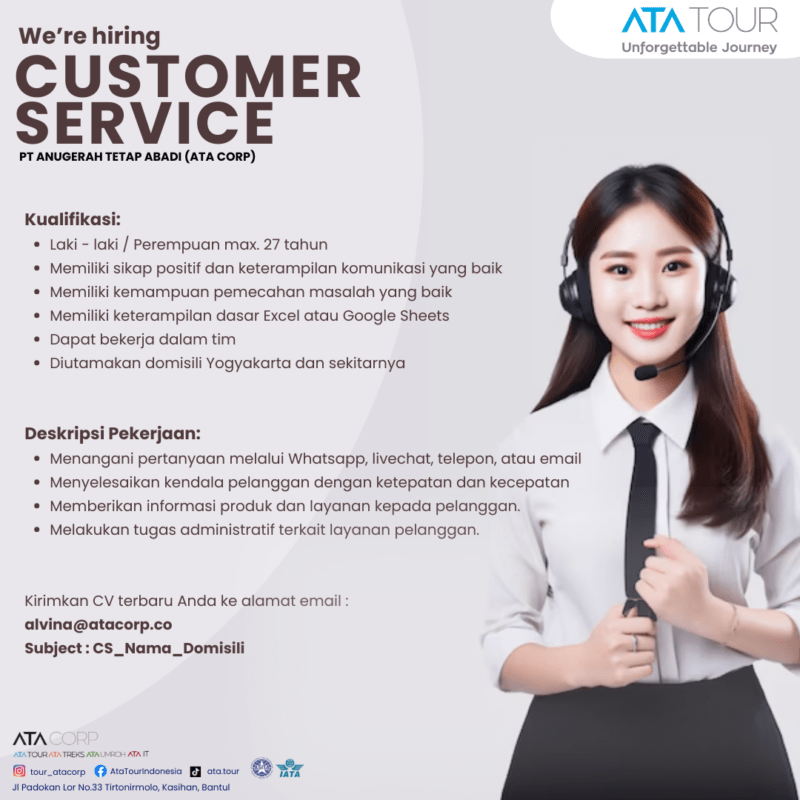 Lowongan Kerja Customer Service di PT. Anugerah Tetap Abadi (ATA Corp ...