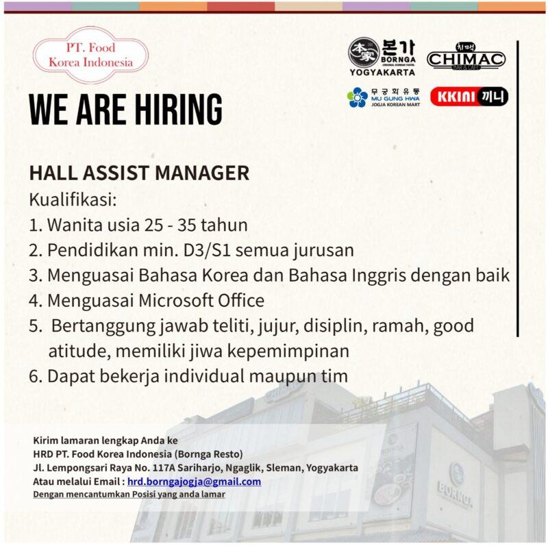 Lowongan Kerja Hall Assist Manager - Server/Waiter di PT. Food Korea ...