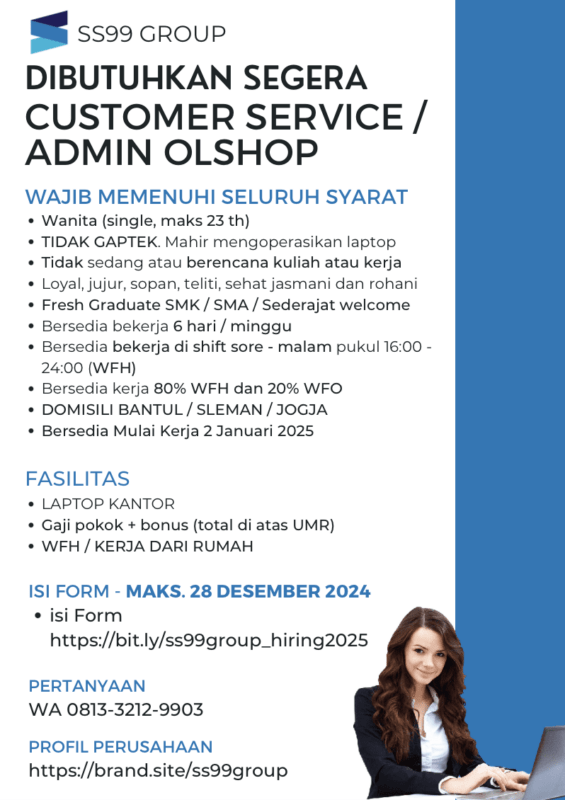 Lowongan Kerja Admin Customer Service di SS99 Group - LokerJogja.ID