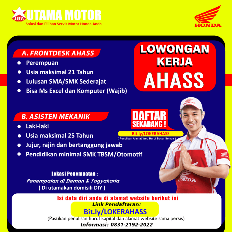 Lowongan Kerja Mekanik - Front Desk - Office Boy di Utama Motor Group - LokerJogja.ID