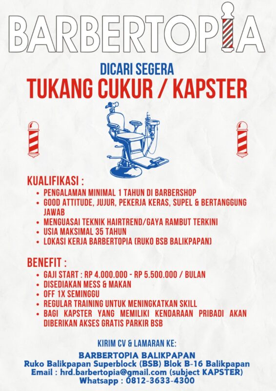 Lowongan Kerja Tukang Cukur / Capster di Barbertopia & Luxe Beauty ...