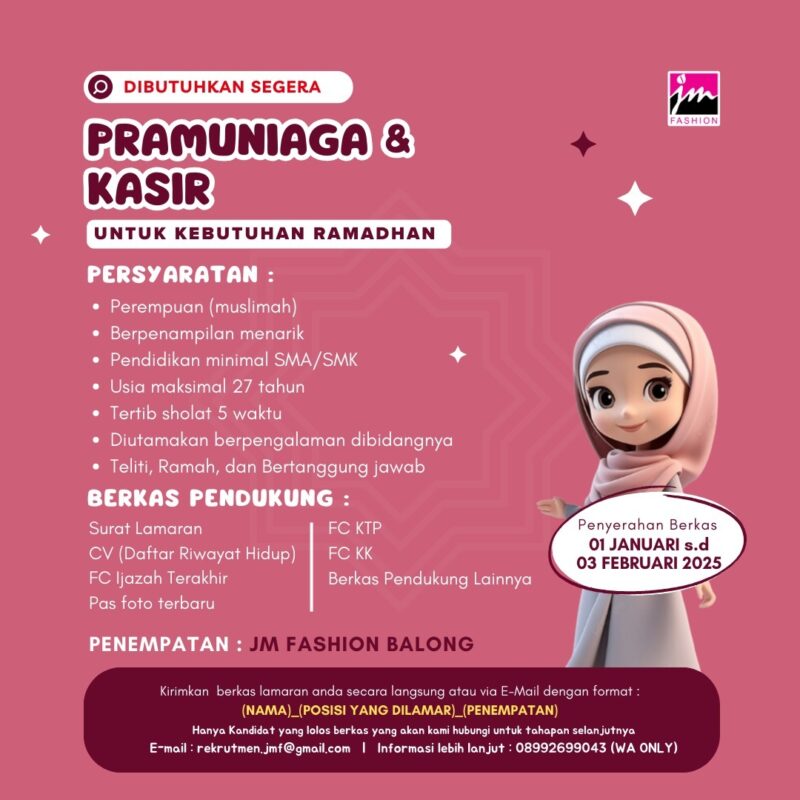 Lowongan Kerja Kasir & Pramuniaga Seasonal Ramadhan di JM Fashion - LokerJogja.ID