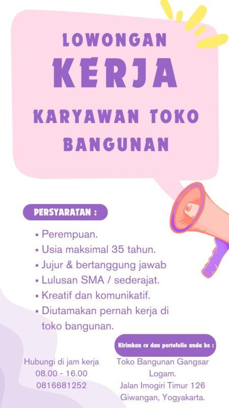 Lowongan Kerja Karyawan Toko di Toko Bangunan Gangsar Logam - LokerJogja.ID