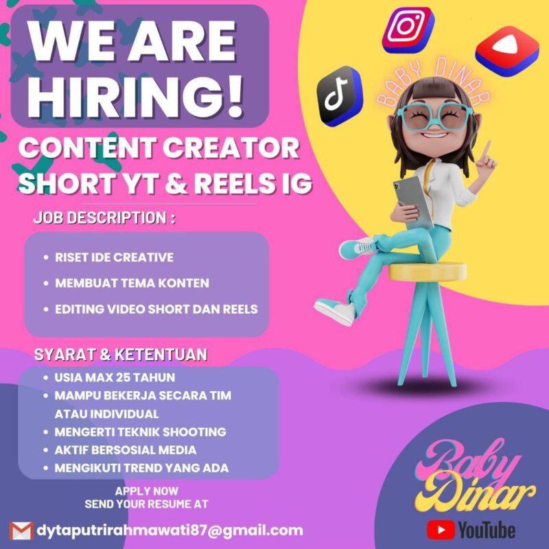 Lowongan Kerja Videographer - Content Creator Short YT & Reels IG di Baby Dinar Management ...