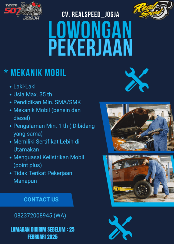Lowongan Kerja Mekanik Mobil - Administrasi Keuangan di CV. Realspeed Jogja - LokerJogja.ID