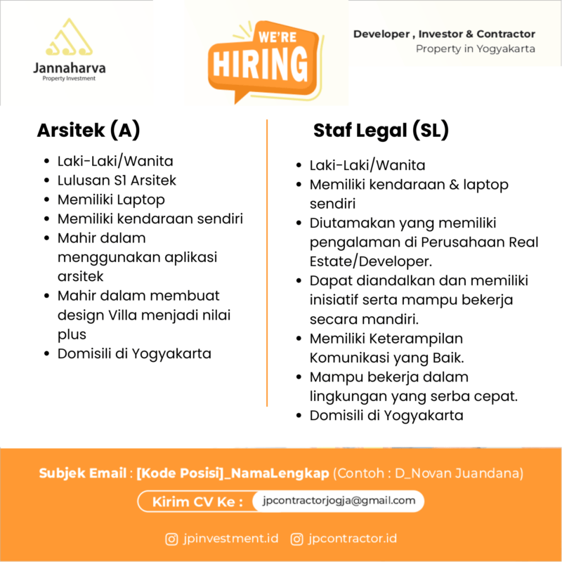 Lowongan Kerja Arsitek - Staf Legal di Jannaharva Property Investment - LokerJogja.ID