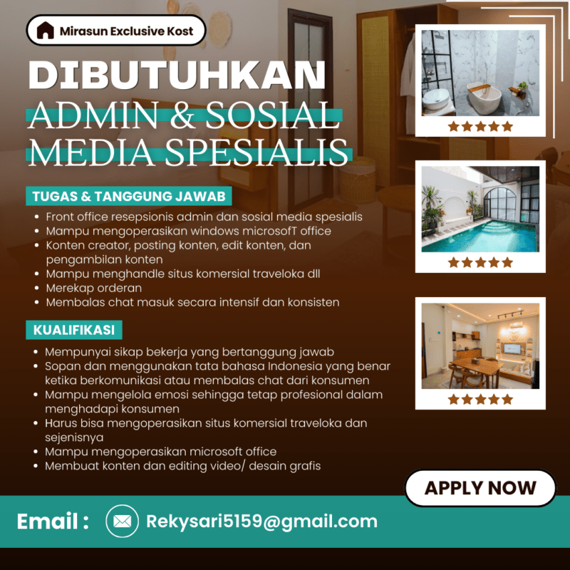 Lowongan Kerja Admin & Sosial Media Spesialis - Cleaning Service & Penjaga Kost di Mirasun ...