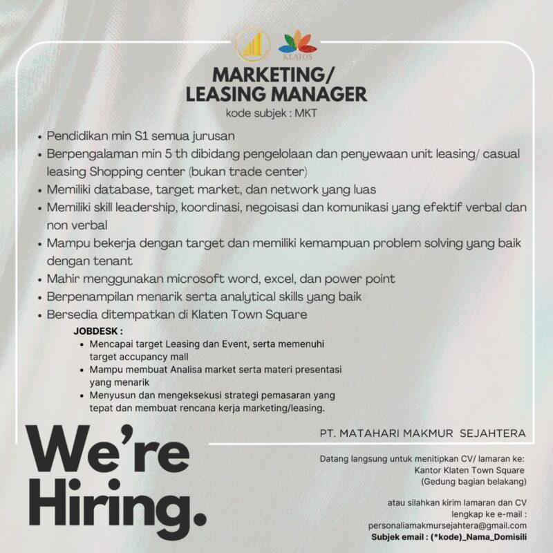 Lowongan Kerja Marketing/Leasing Manager - Insinyur Sipil - Accounting di PT. Matahari Makmur ...