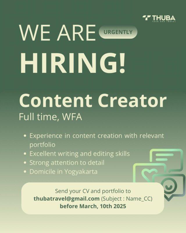 Lowongan Kerja Content Creator di PT. Thuba Asa Kita - LokerJogja.ID