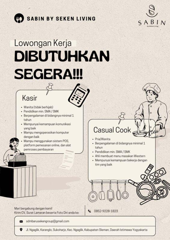 Lowongan Kerja Kasir - Casual Cook di Sabin By Seken Living - LokerJogja.ID