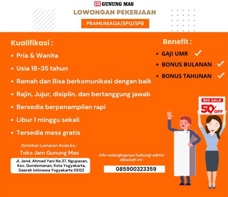 Lowongan Kerja Pramuniaga SPG & SPB di Toko Jam Gunung Mas - LokerJogja.ID
