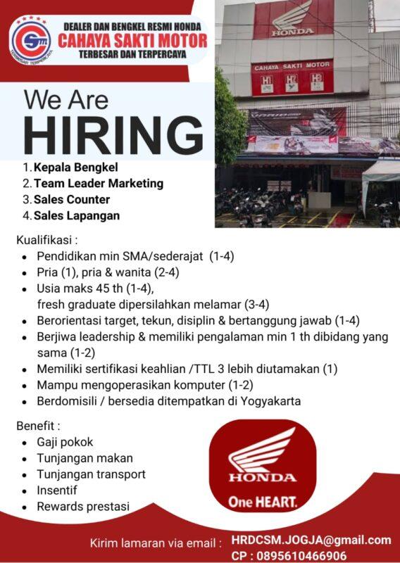 Lowongan Kerja Kepala Bengkel - Team Leader Marketing - Sales Counter - Sales Lapangan di Cahaya ...