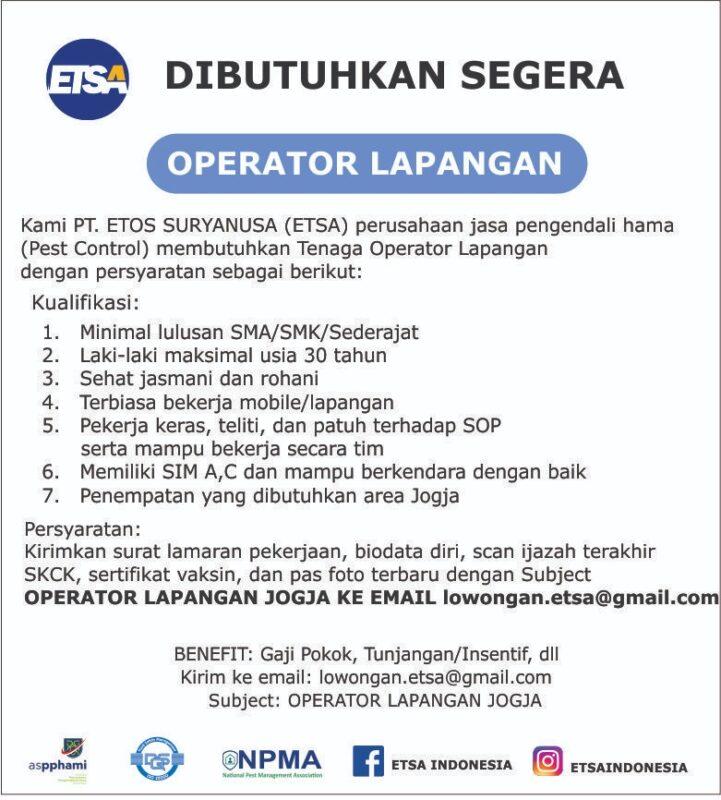 Lowongan Kerja Operator Lapangan di PT. Etos Suryanusa (ETSA ...