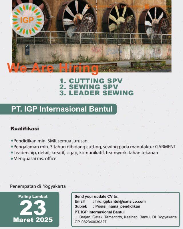 Lowongan Kerja Cutting SPV - Sewing SPV - Leader Sewing di PT. IGP ...