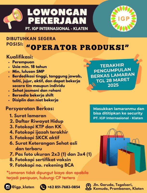 Lowongan Kerja Operator Produksi di PT. IGP Internasional - LokerJogja.ID