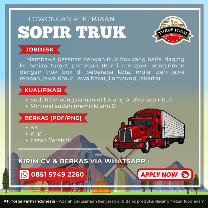 Lowongan Kerja Sopir Truk di PT. Toros Farm Indonesia - LokerJogja.ID