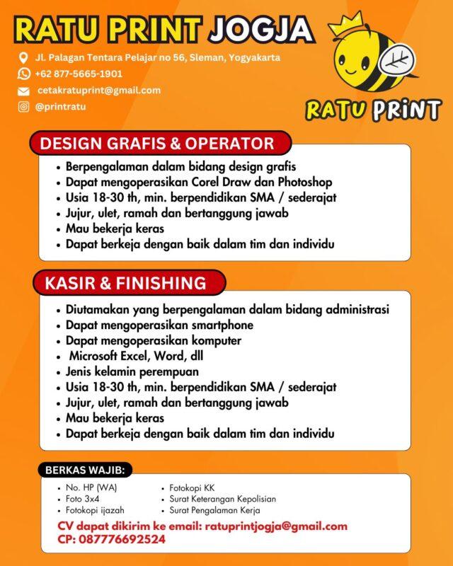 Lowongan Kerja Kasir & Finishing - ⁠Design Grafis & Operator di Ratu Print - LokerJogja.ID