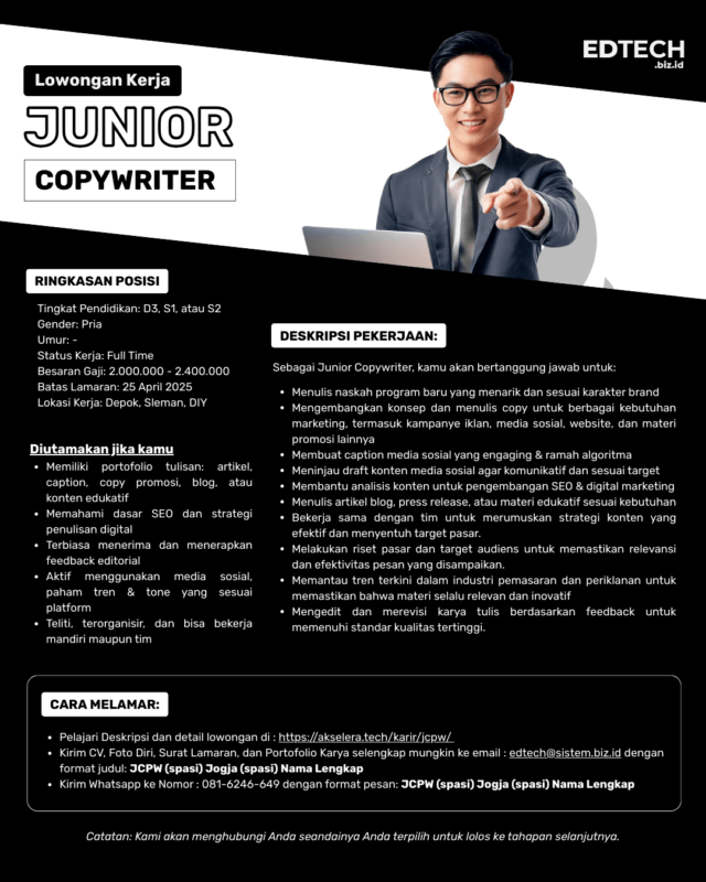 Lowongan Kerja Junior Copywriter di EdTech Biz Indonesia - LokerJogja.ID
