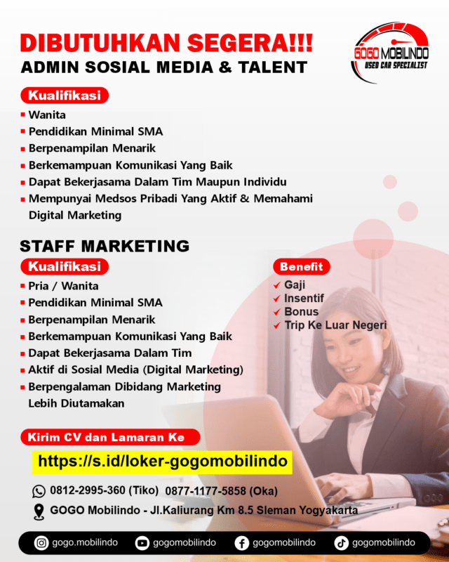 Lowongan Kerja Admin Sosial Media & Talent - Staff Marketing di Gogo Mobilindo - LokerJogja.ID