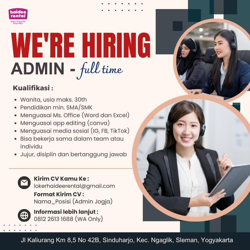 Lowongan Kerja Admin Full Time di Haidee Rental - LokerJogja.ID