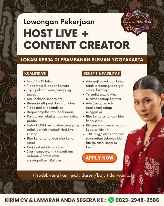Lowongan Kerja Host Live & Content Creator di Kencana Putri Batik - LokerJogja.ID