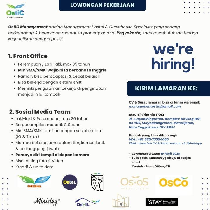 Lowongan Kerja Front Office - Sosial Media Team di OstiC Management - LokerJogja.ID