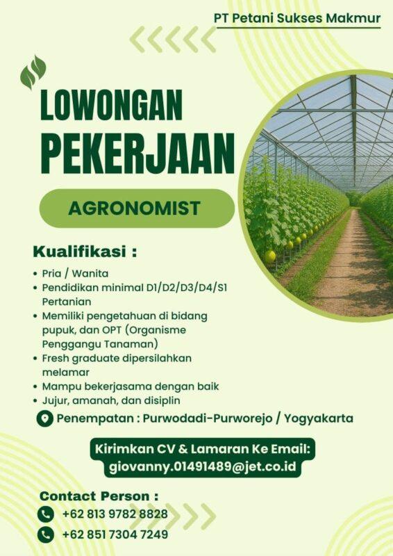 Lowongan Kerja Agronomist di PT. Petani Sukses Makmur - LokerJogja.ID