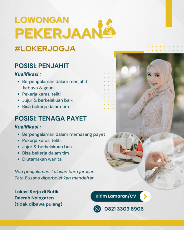 Lowongan Kerja Penjahit & Tenaga Payet di Wicaksono Aji Fashion Designer - LokerJogja.ID