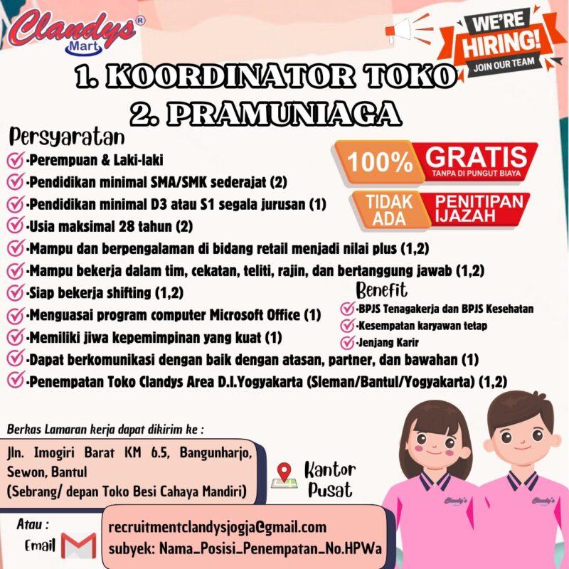 Lowongan Kerja Koordinator Toko - Pramuniaga di Clandys Mart (PT. Clandys Sukses Abadi ...