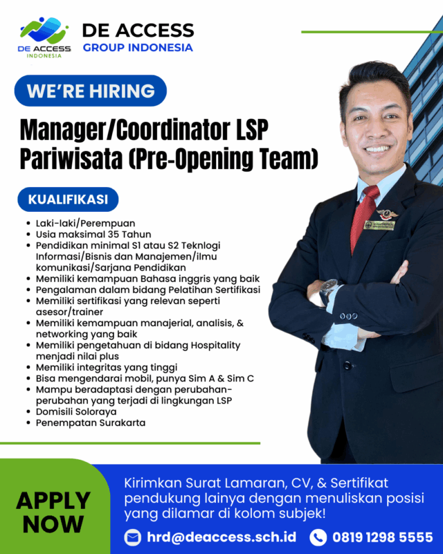 Lowongan Kerja Manager/Coordinator LSP Pariwisata (Pre-Opening Team) di De Access Group ...
