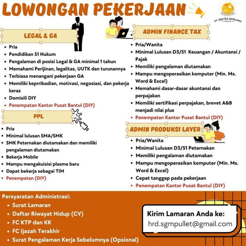 Lowongan Kerja Legal & GA - PPL - Finance Tax - Admin Produksi Layer di PT. Sentra Gemilang ...