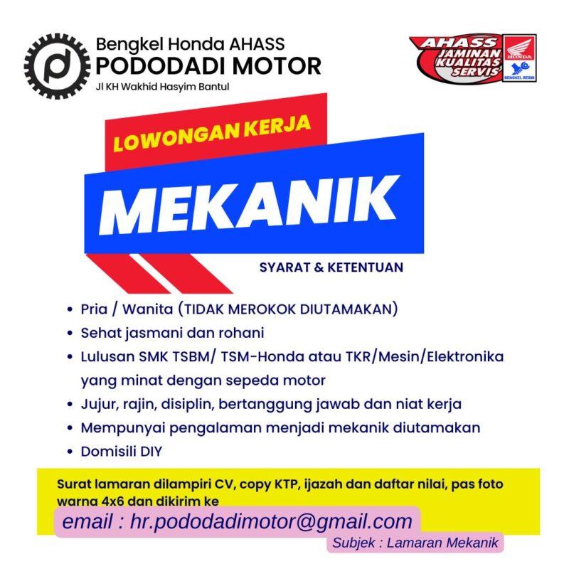 Lowongan Kerja Mekanik di Ahass Pododadi Motor - LokerJogja.ID