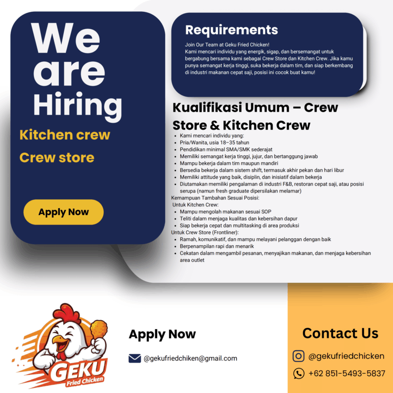 Lowongan Kerja Kitchen Crew - Crew Store di Geku Fried Chicken - LokerJogja.ID