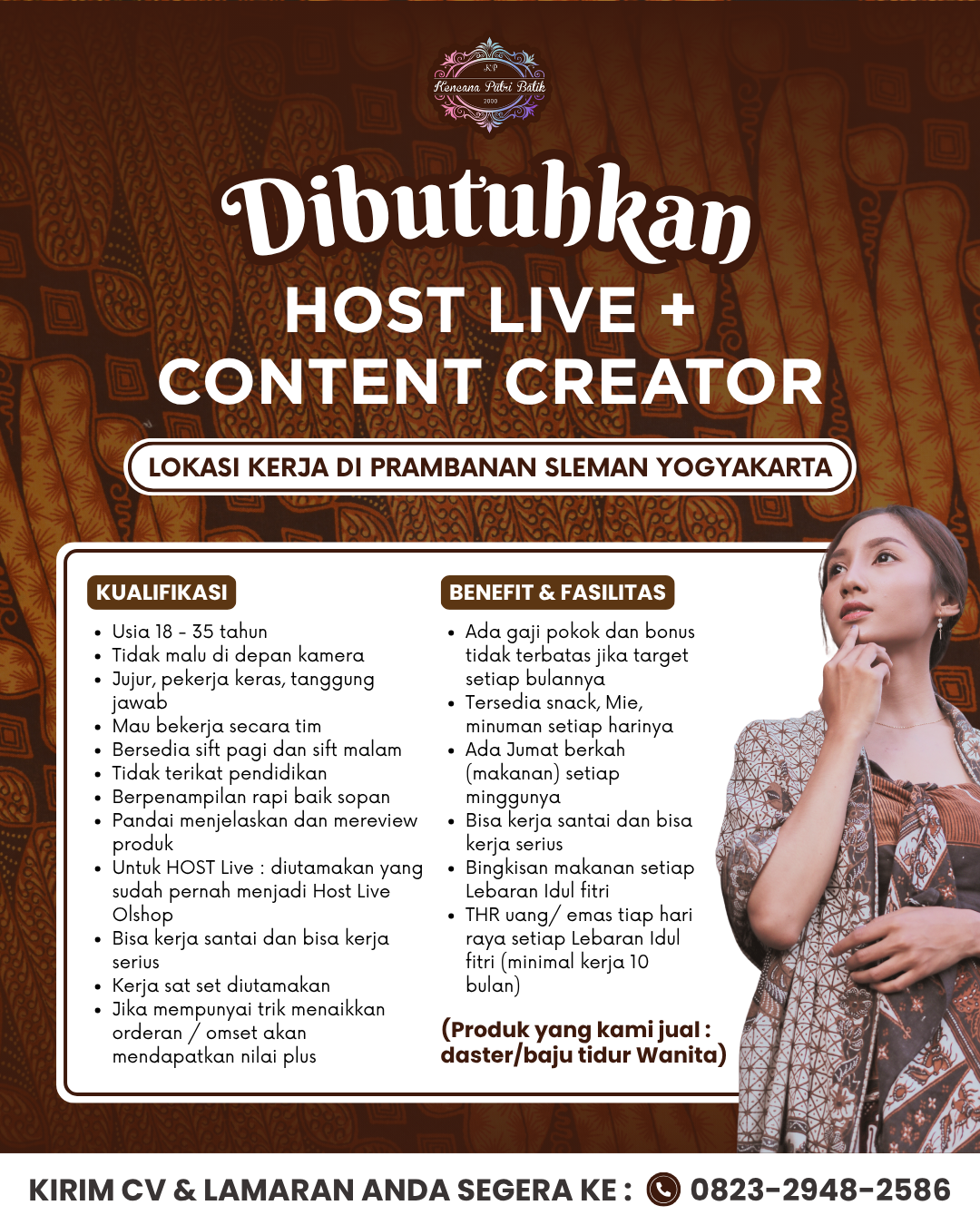 Lowongan Kerja Host Live & Content Creator di Kencana Putri Batik - LokerJogja.ID