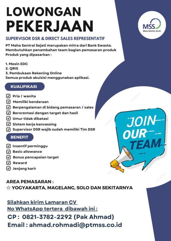 Lowongan Kerja Supervisor DSR - Direct Sales Representative di PT. Maha Sentral Sejati (MSS ...