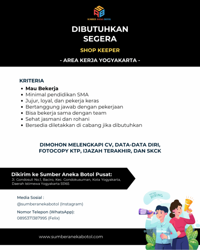 Lowongan Kerja Shop Keeper di Sumber Aneka Botol - LokerJogja.ID