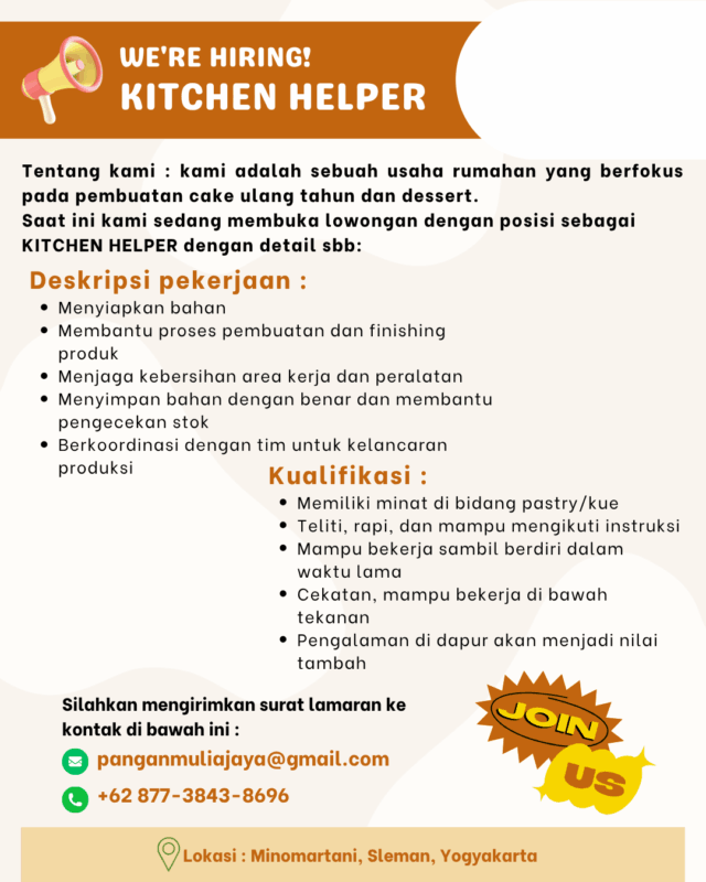 Lowongan Kerja Kitchen Helper di CV. Pangan Mulia Jaya - LokerJogja.ID